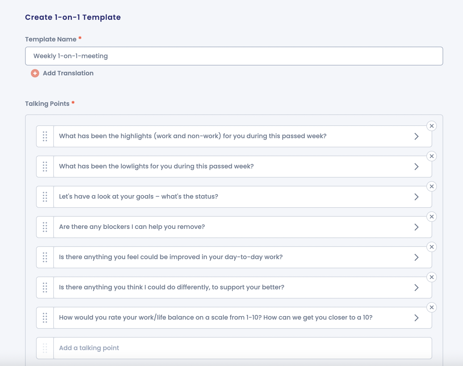 Template for 1:1 staff meetings with example questions | Eletive